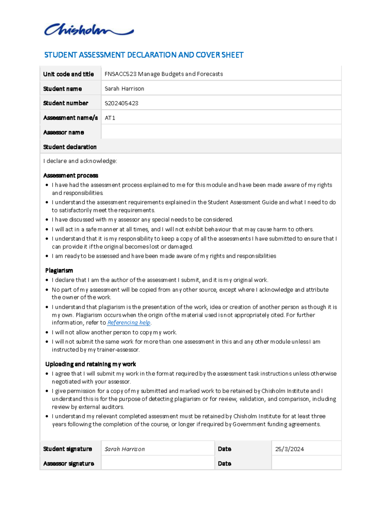 Fnsacc 523 AT1 - STUDENT ASSESSMENT DECLARATION AND COVER SHEET Unit code and title FNSACC523 ...