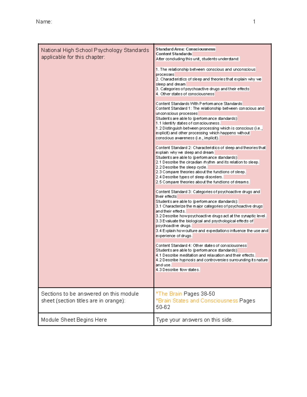 Psychology Chapter 2 Pages 38-62 Module Sheet - Name: 1 National High ...