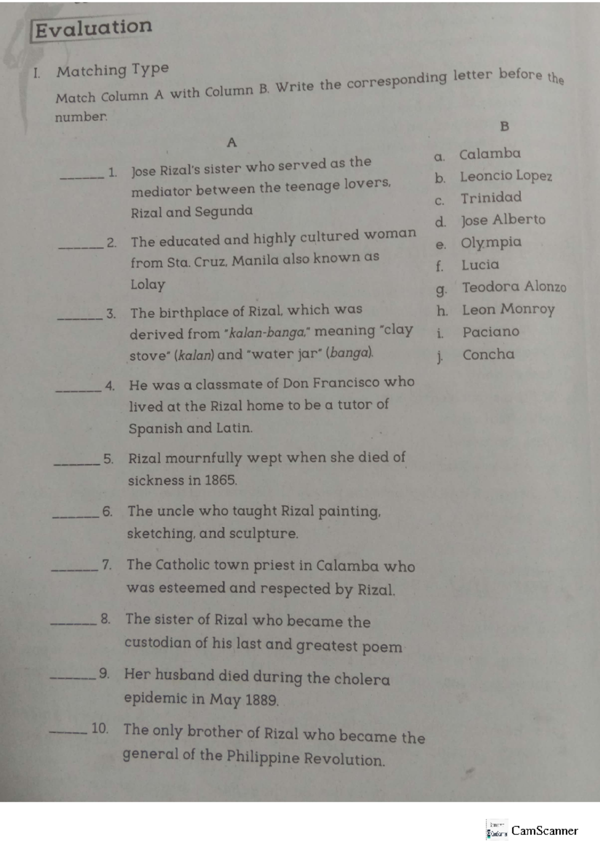 Rizal Act. 2 - None - Evaluation I. Matching Type Match Column A with Column B. Write the - Studocu