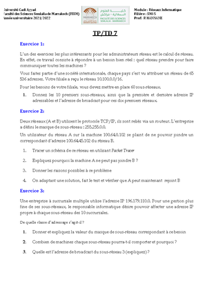 TD5 solution - Informatique 4 - Module Filière : SMI-­‐5 : Réseaux Informatique Prof: R HANNANE ...