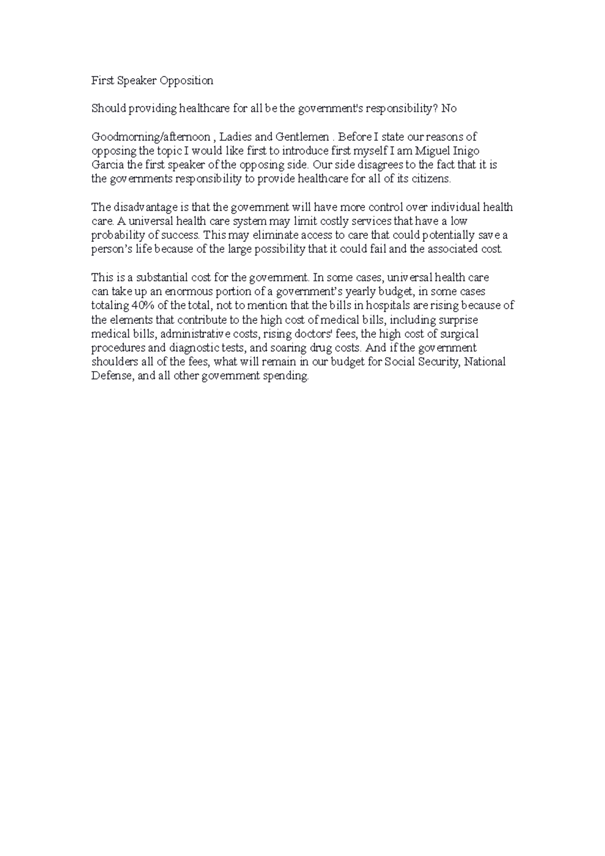 First-Speaker-Opposition - First Speaker Opposition Should providing ...