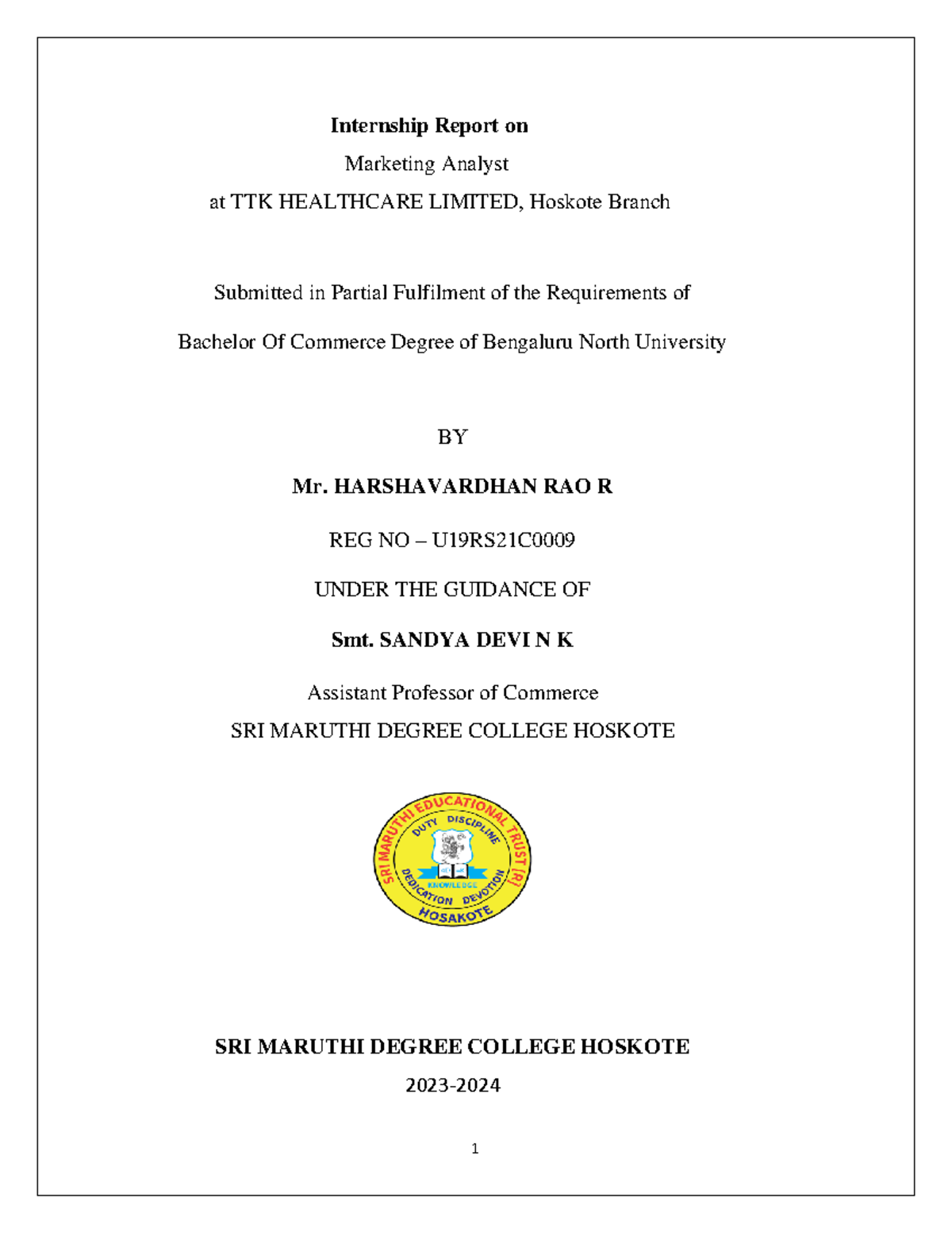 Harsha Internship Report - Internship Report on Marketing Analyst at TTK HEALTHCARE LIMITED ...