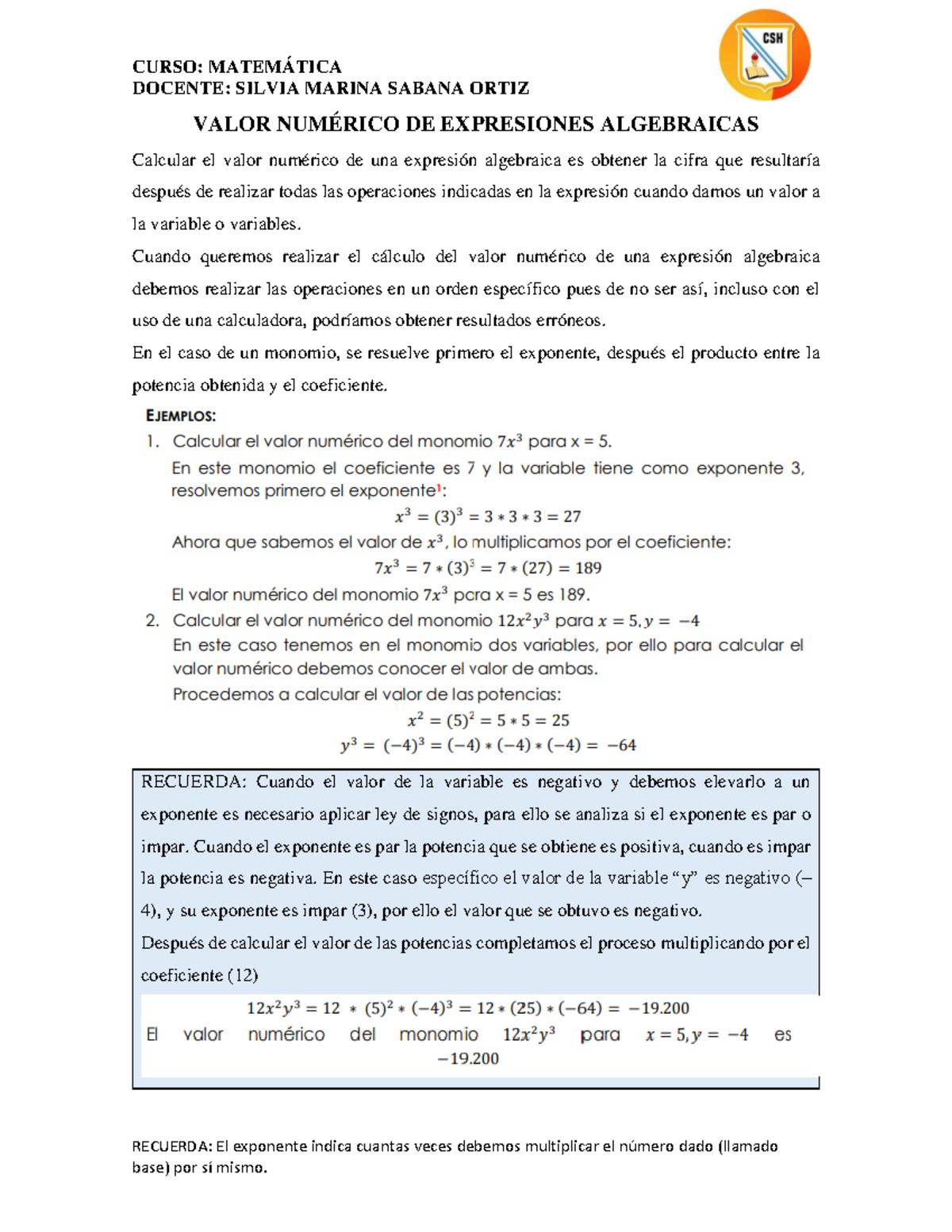 Valor Numérico DE Expresiones Algebraicas - CURSO: MATEMÁTICA DOCENTE ...