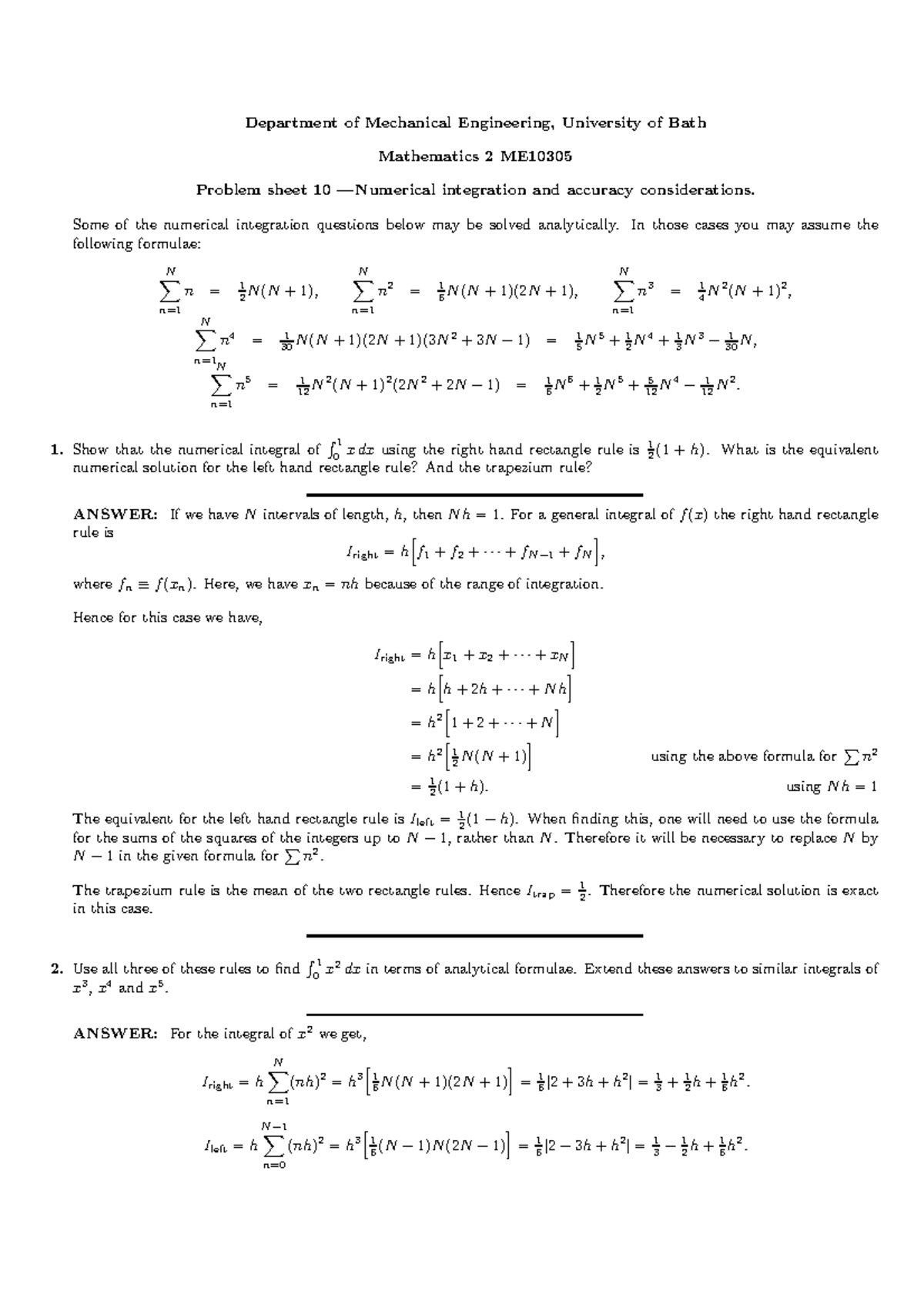 ME10305 2016-2017 Problem Sheet 10 - Numerical integration and accuracy considerations ...