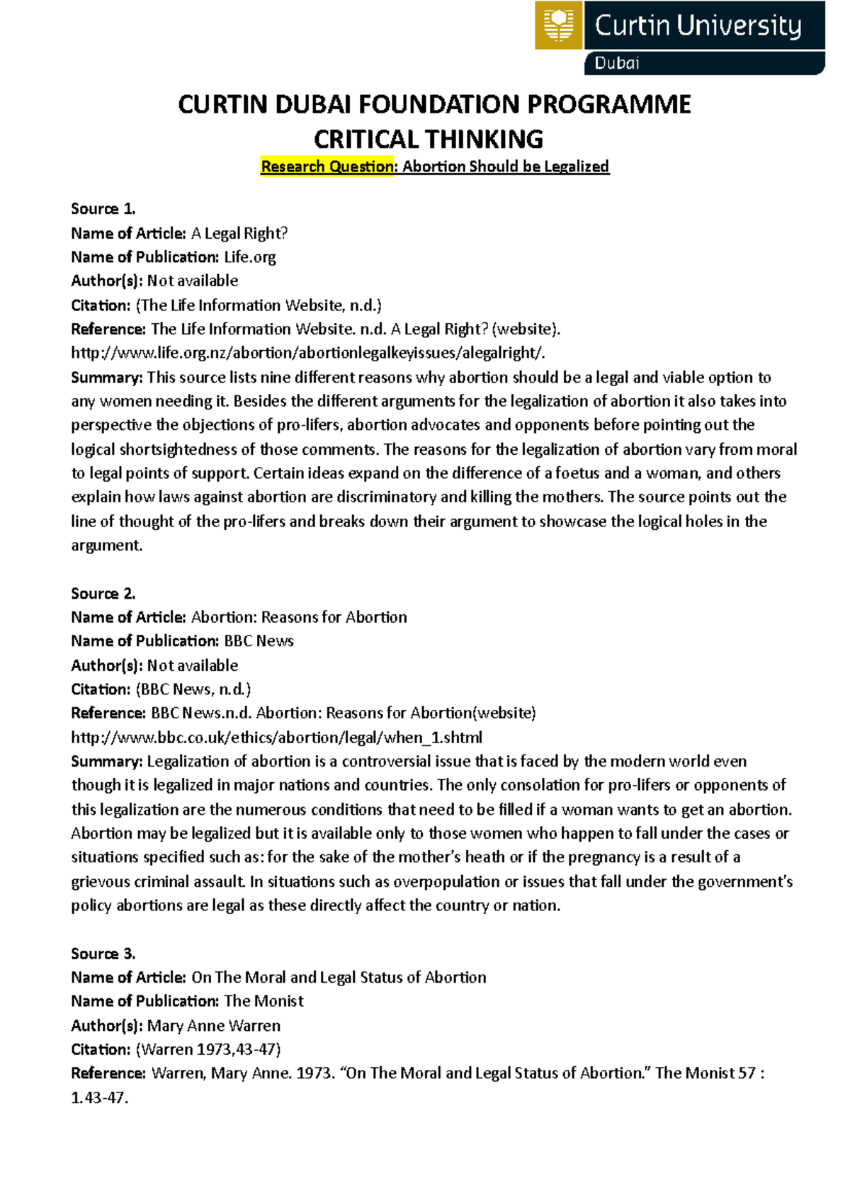 Abortion Lit Rev - CURTIN DUBAI FOUNDATION PROGRAMME CRITICAL THINKING Research Question ...