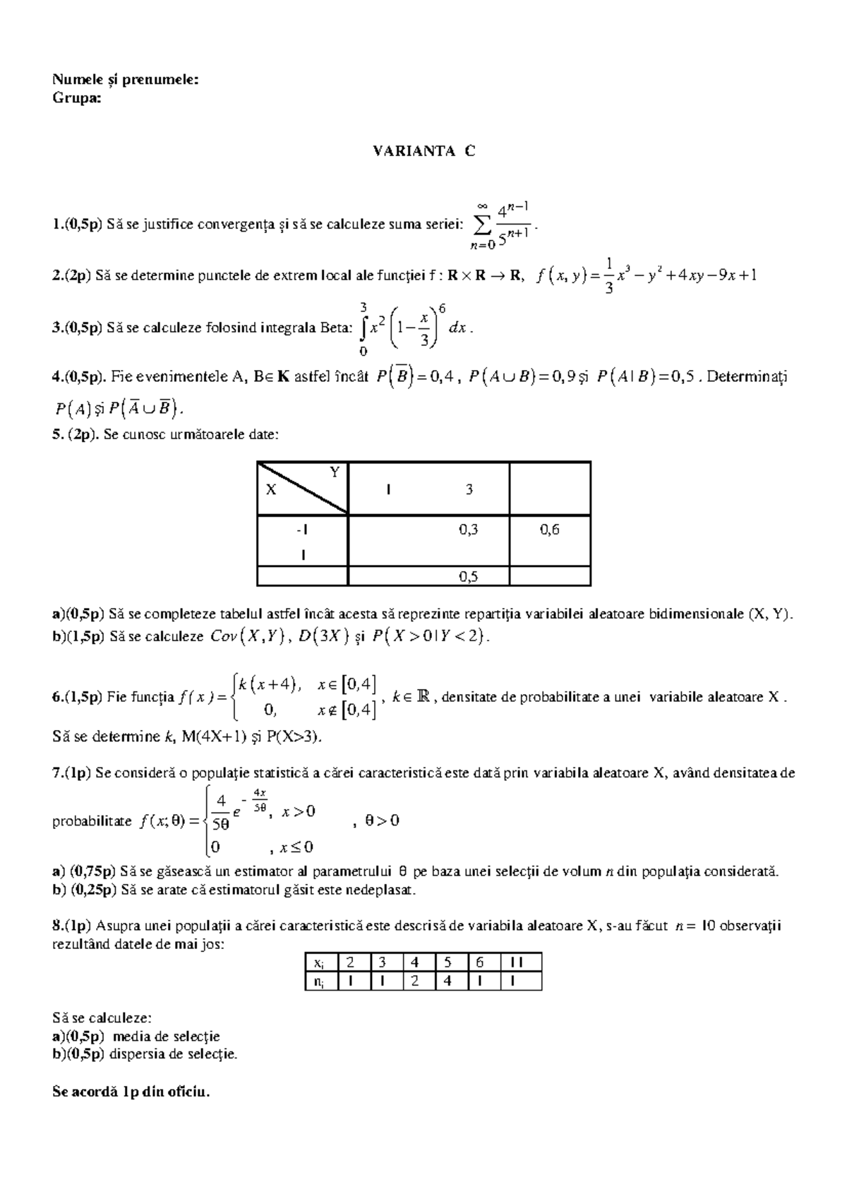 3-2019 - Matematica Aplicata In Economie - Numele i prenumele: Grupa ...