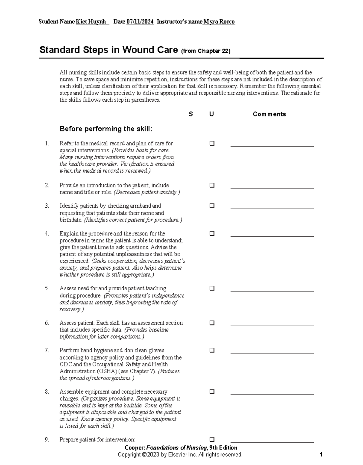 Wound CARE Steps - lecture notes - Student Name Kiet Huynh Date 07/11 ...