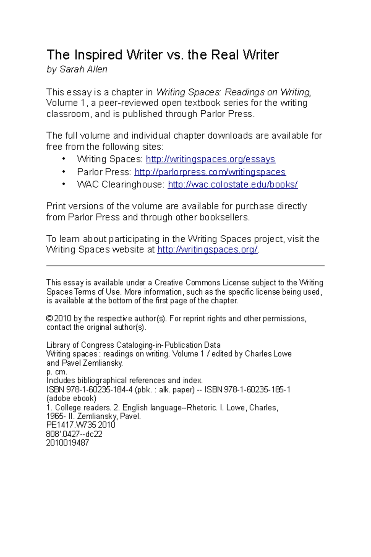 Allen, -The Inspired Writer vs. the Real Writer - The Inspired Writer ...