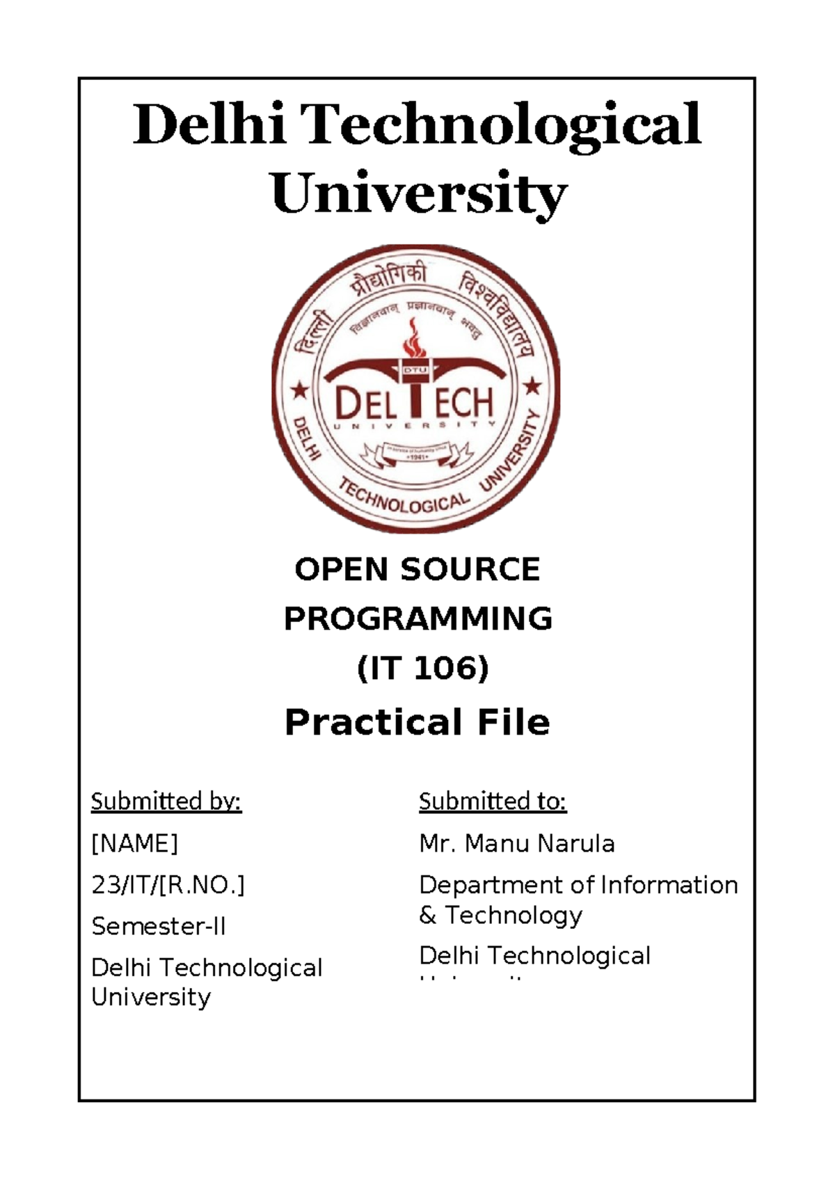 OSP Lab File Title Page - Object Oriented Programming - Delhi Technological University OPEN ...