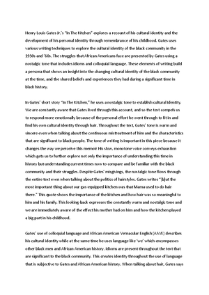 "In the Kitchen", Henry Louis Gates, Jnr. Essay one - “In the kitchen ...