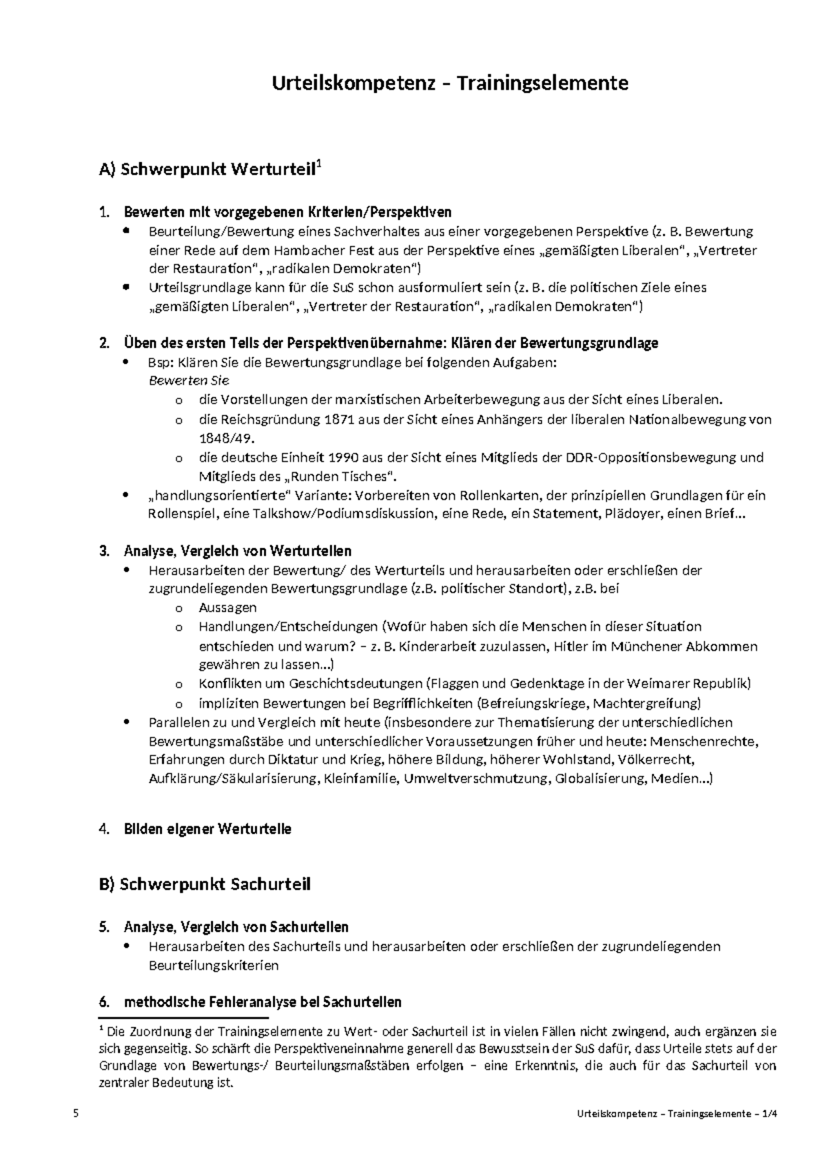 05 urteilsbildung trainieren - Urteilskompetenz – Trainingselemente A) Schwerpunkt Werturteil 1 ...