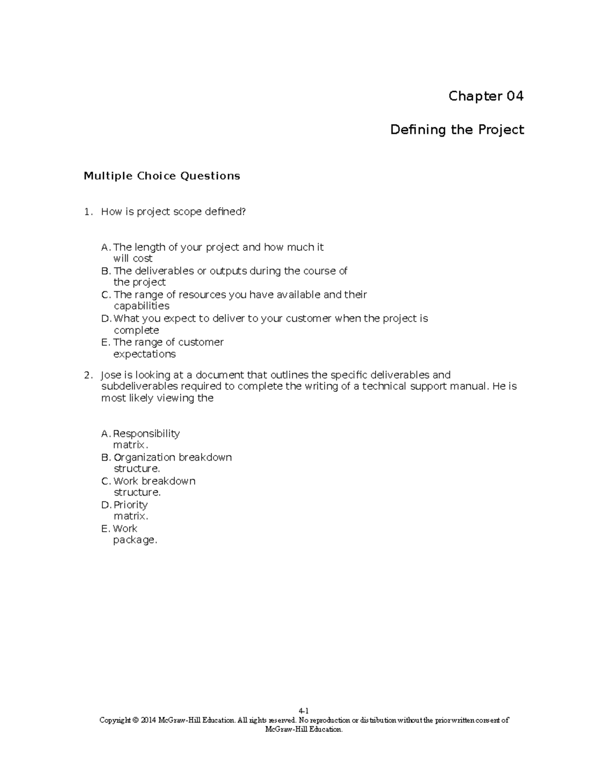 TBChap 004 - nniii - Chapter 04 Defining the Project Multiple Choice ...