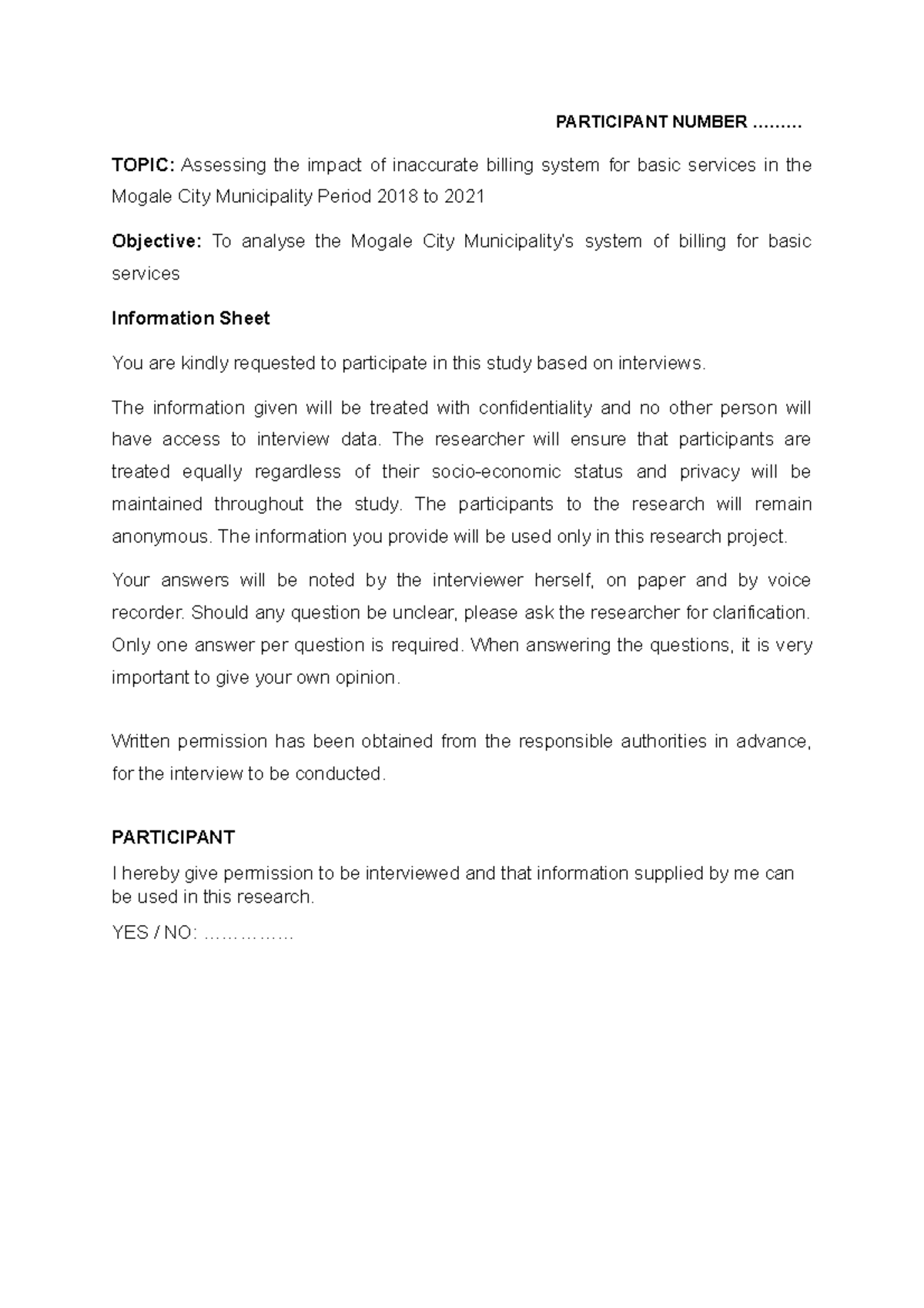 An interview Schedule - guidelines - PARTICIPANT NUMBER ......... TOPIC ...