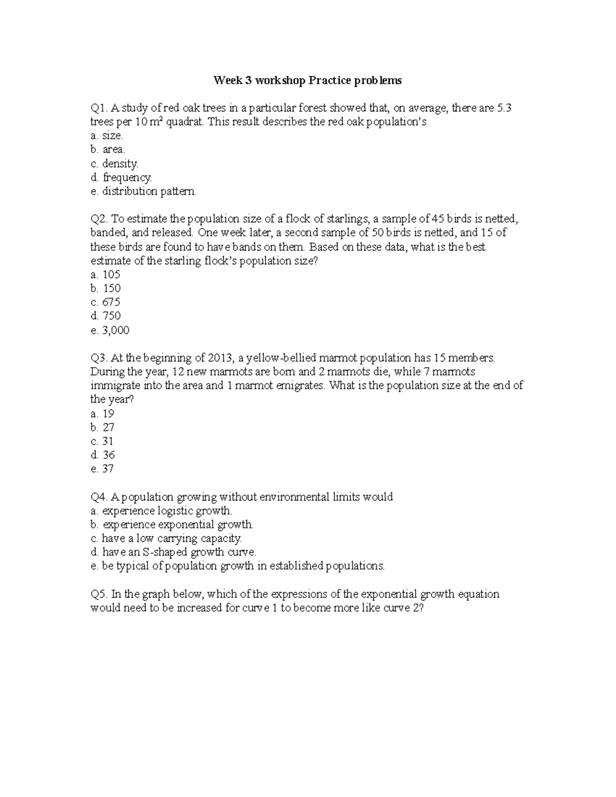 Population growth practice problems - Week 3 workshop Practice problems ...