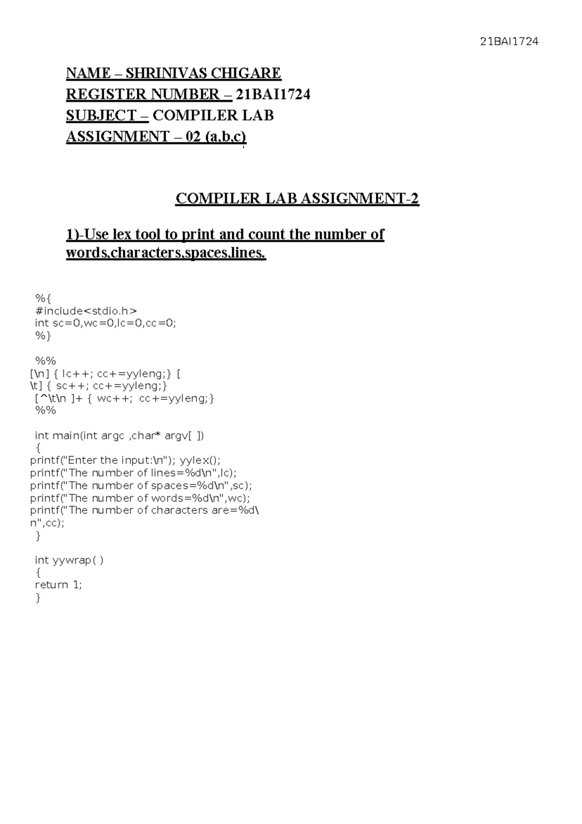 21BAI1724 LAB-02 - aclass - NAME – SHRINIVAS CHIGARE REGISTER NUMBER – 21BAI SUBJECT – COMPILER ...