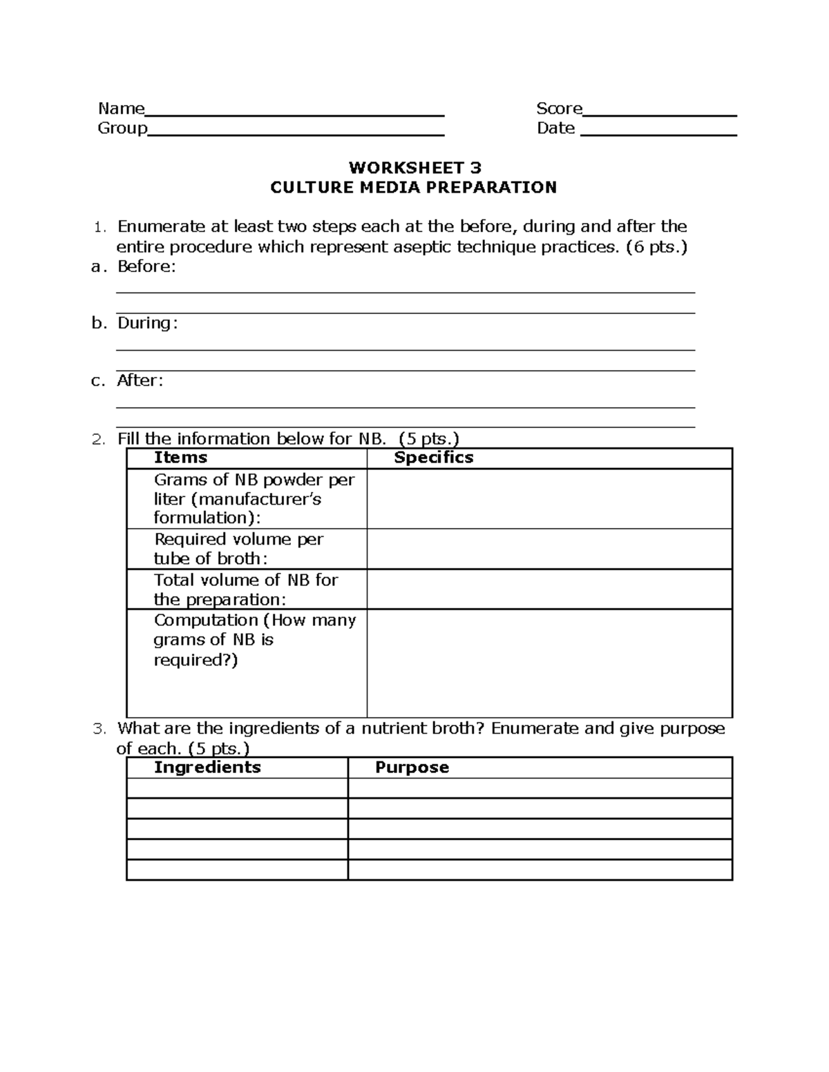 Worksheet 3 - Culture media preparation - Name Score Group Date ...
