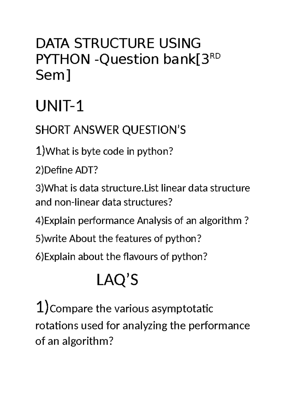 DATA Structure Using Python Question BANK - DATA STRUCTURE USING PYTHON -Question bank[ RD Sem ...