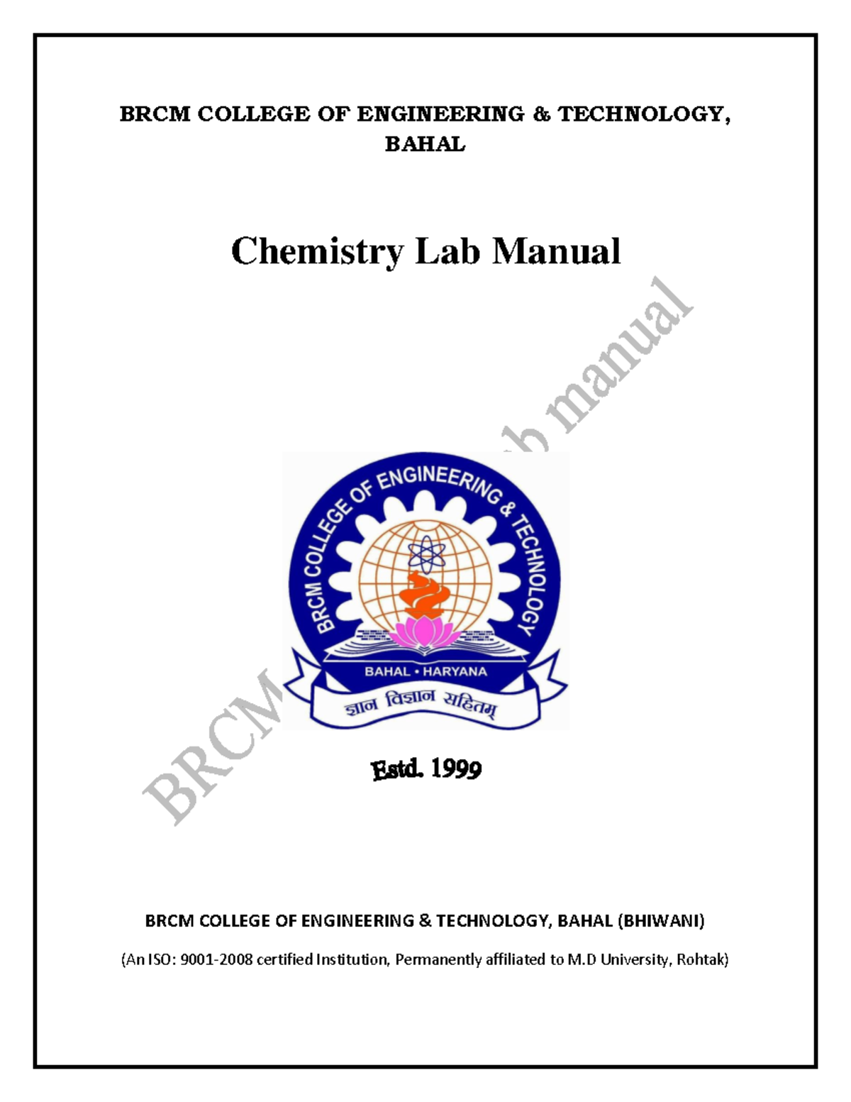eng chemistry practical - BRCM COLLEGE OF ENGINEERING & TECHNOLOGY, BAHAL Chemistry Lab Manual ...