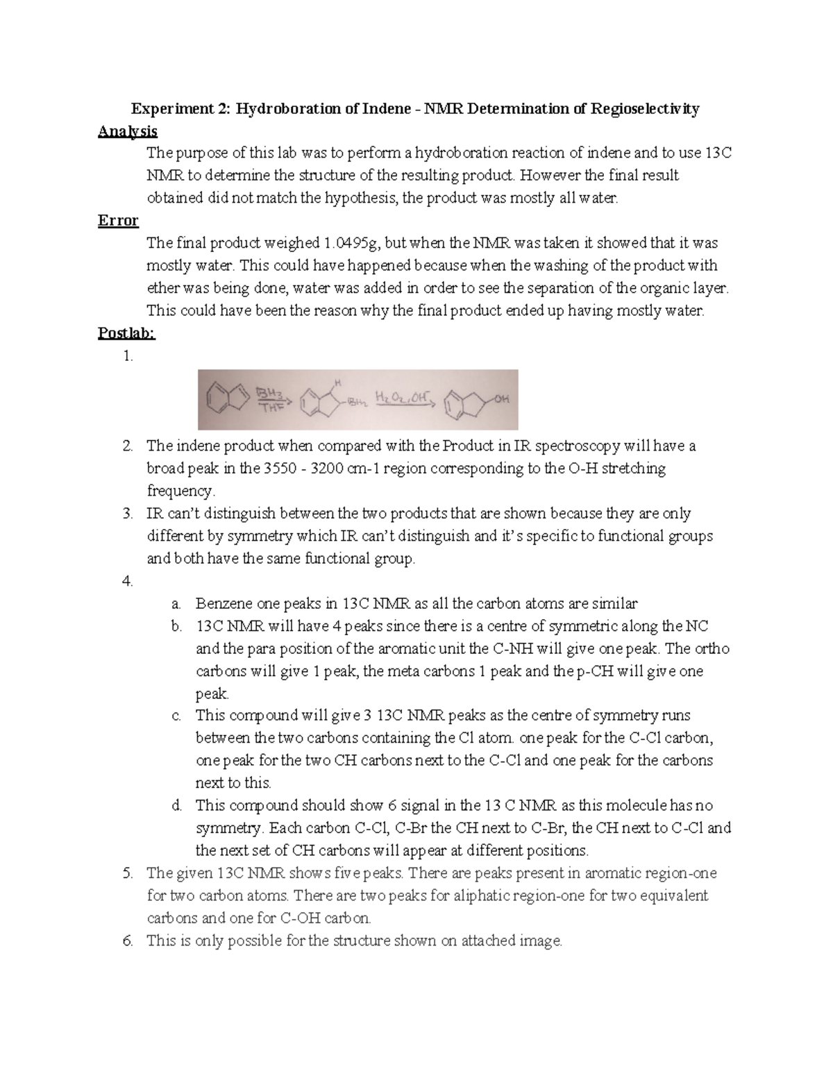 Lab Report 2-2 - Experiment 2: Hydroboration of Indene - NMR ...