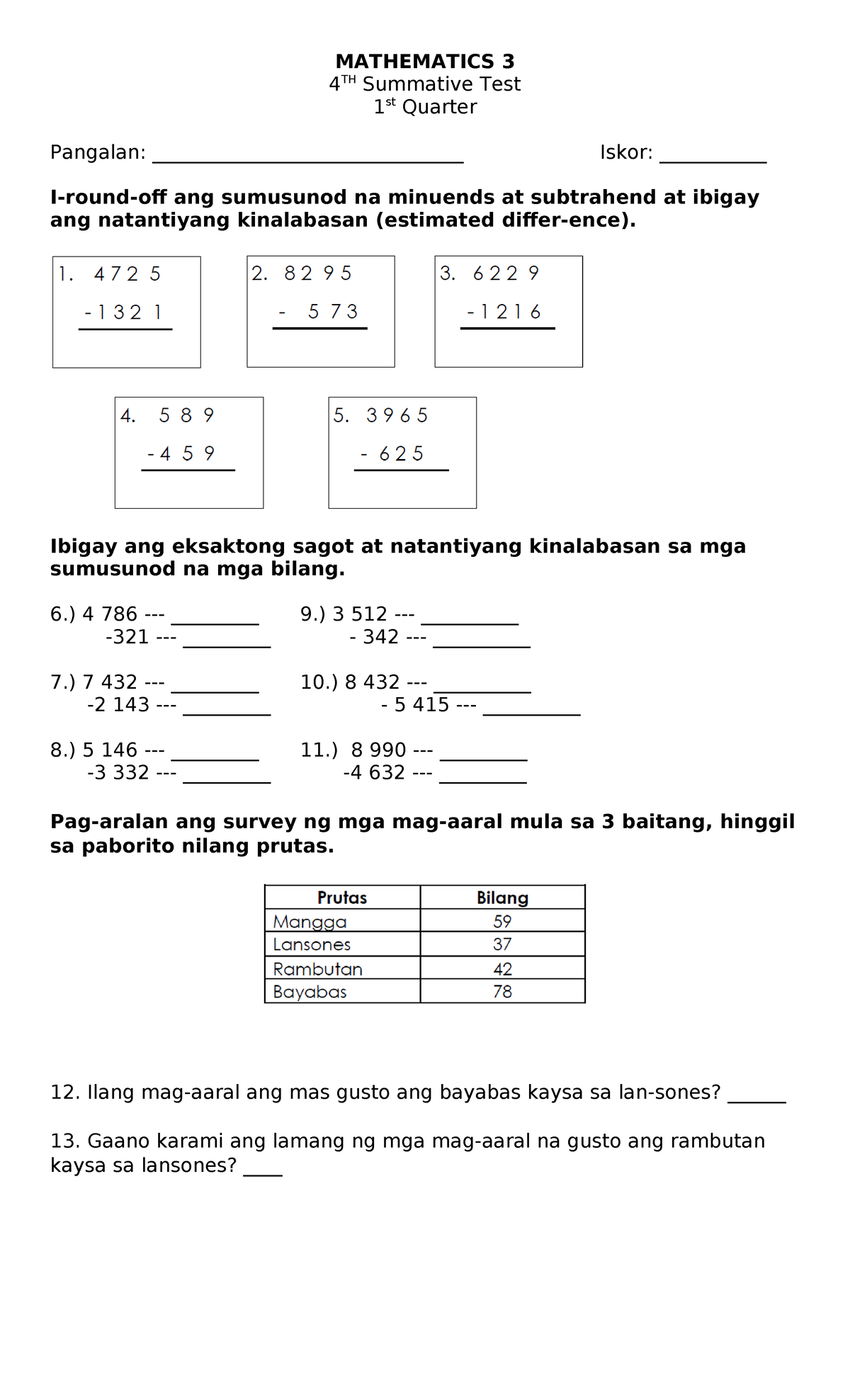 MATH-3 Q1 ST4-1 - Math 3 summative test - MATHEMATICS 3 4 TH Summative ...