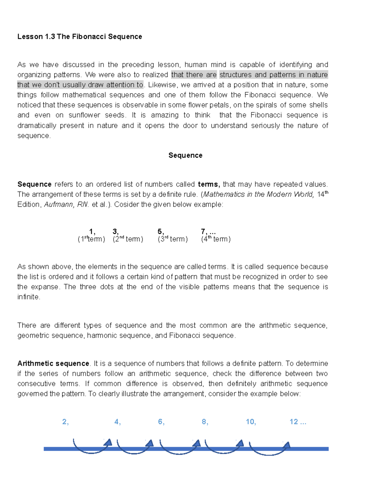 MMW Lesson 1 - Lesson 1 The Fibonacci Sequence As we have discussed in ...