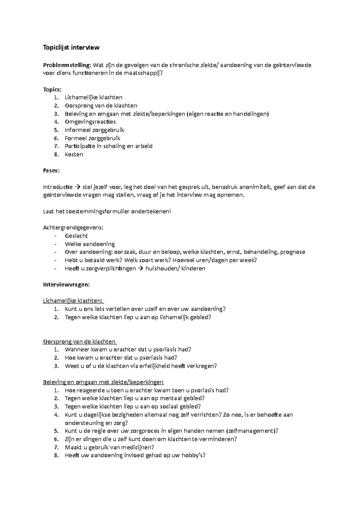 Topiclijst interview - Training vraaggesprek met een chronisch zieke ...