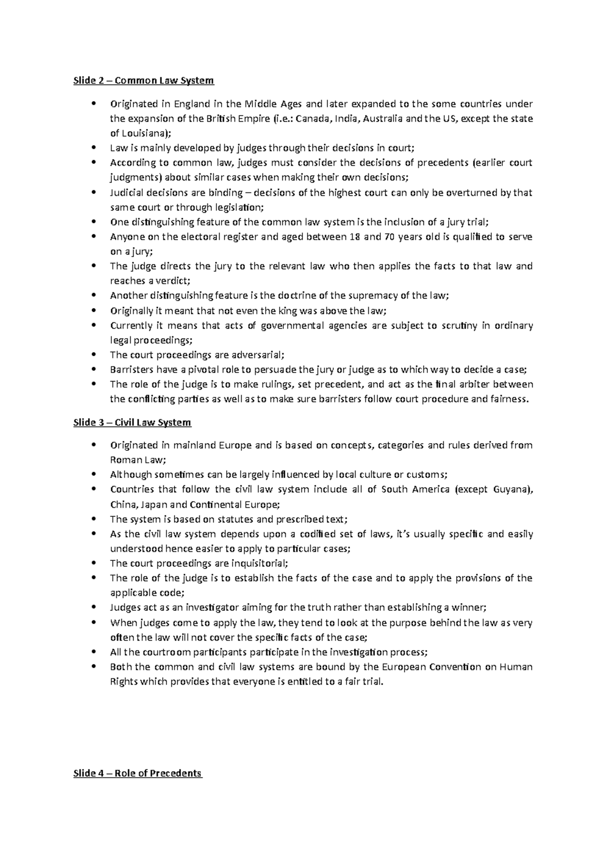 Notes on common and civil law systems, role of precendents and statutes ...