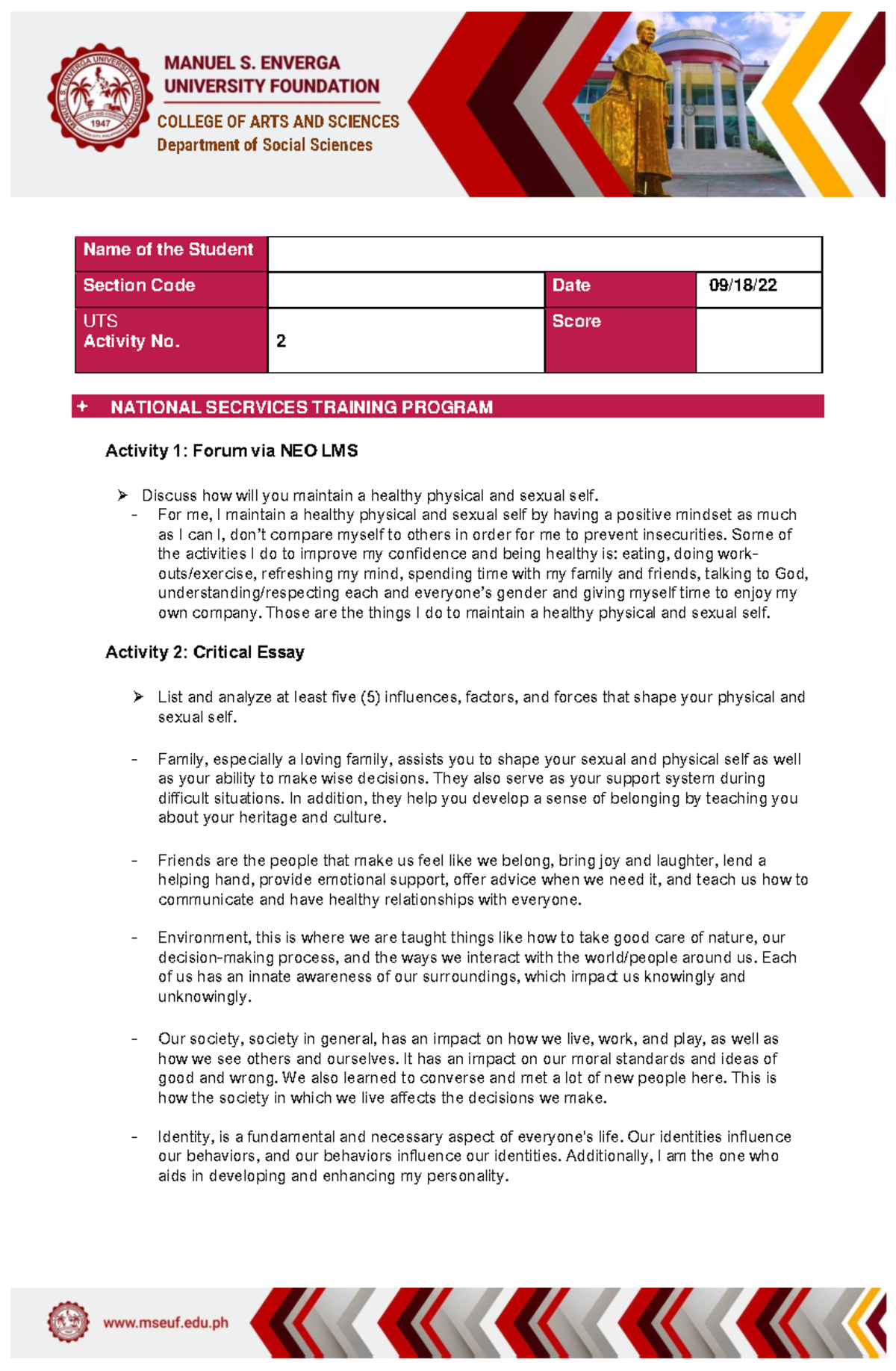 Understanding THE SELF Activity 2 - Answer - Name of the Student ...