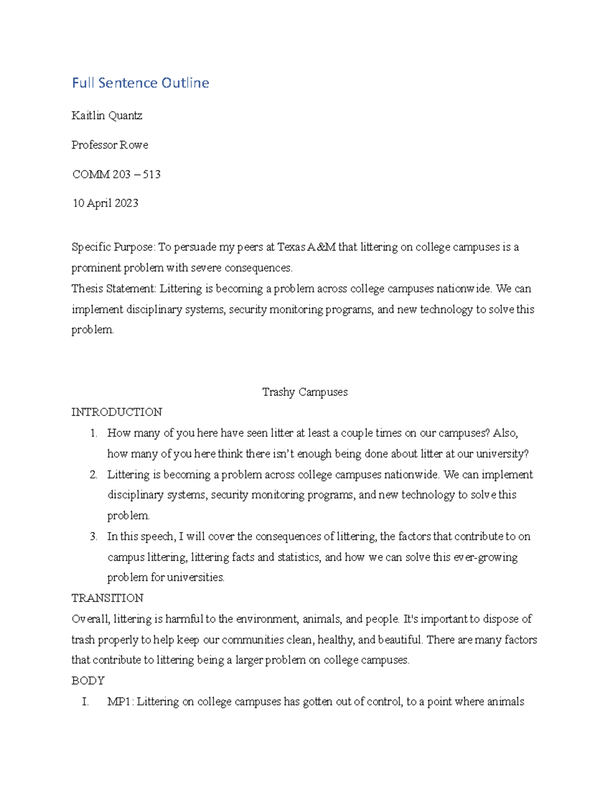 Spoken speech 3 - Full Sentence Outline Kaitlin Quantz Professor Rowe ...