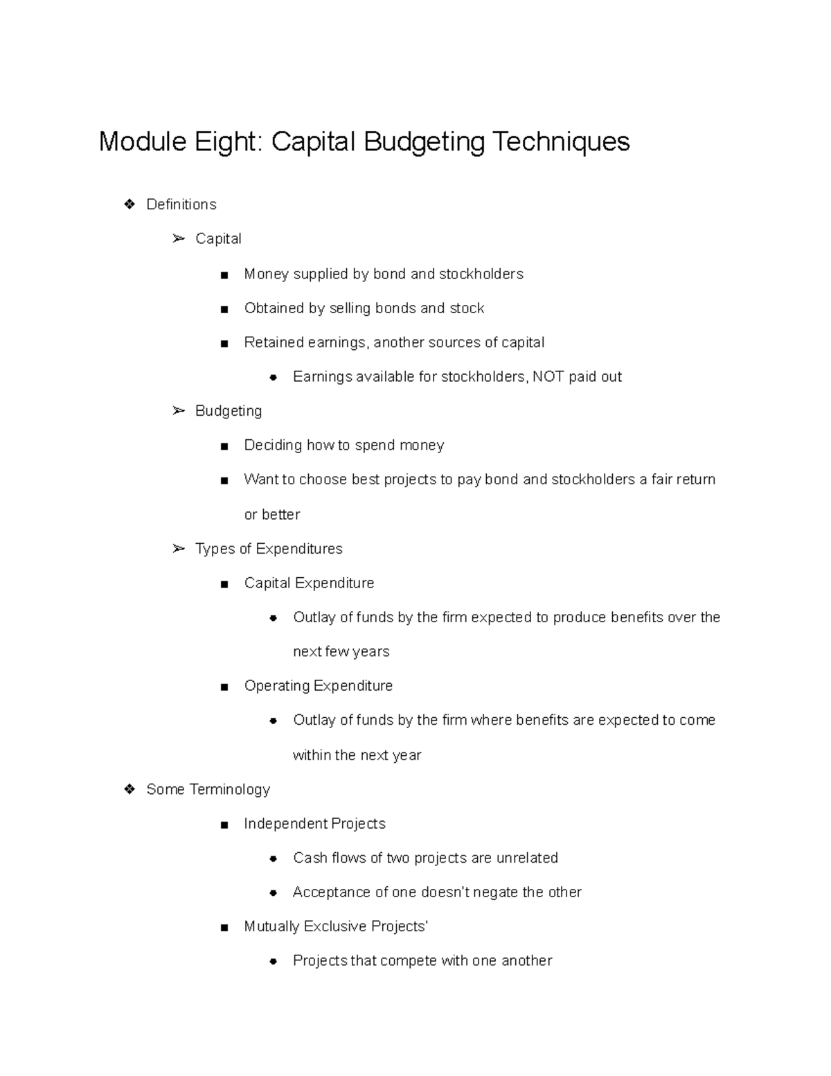 FINC301 Module 8 - Lecture notes - Module Eight: Capital Budgeting ...