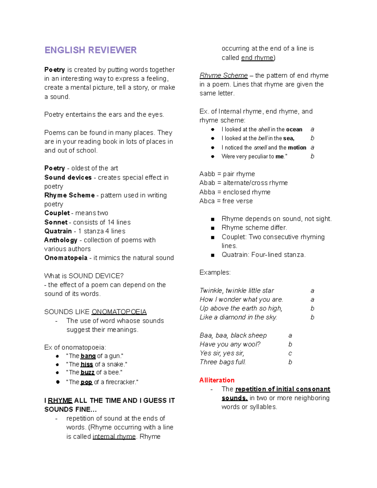 English- Reviewer - ENGLISH REVIEWER Poetry is created by putting words ...