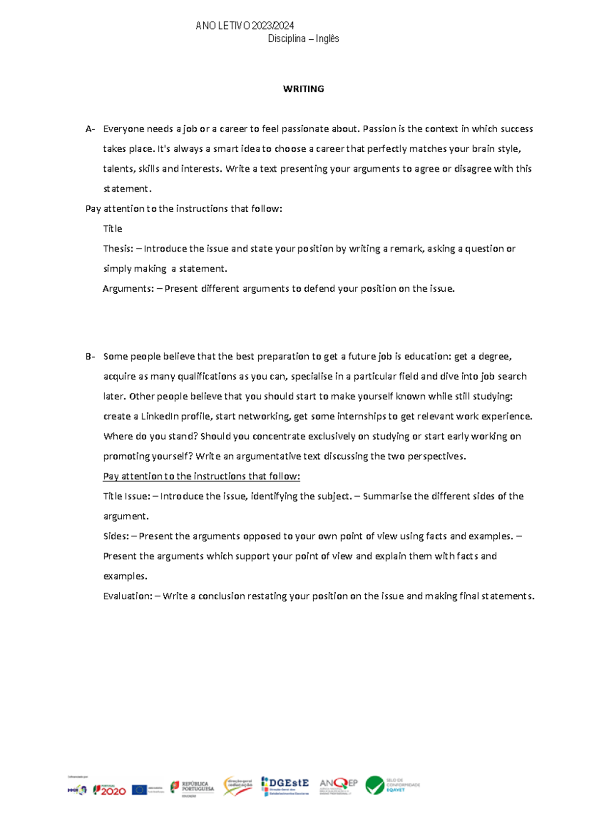 Writing Activity The world of work - ANO LETIVO 2023/ Disciplina ...