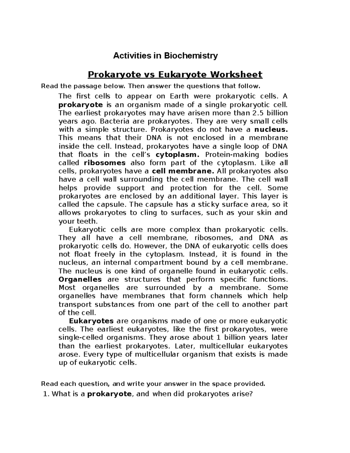 Activities in Biochemistry 1 - Activities in Biochemistry Prokaryote vs ...