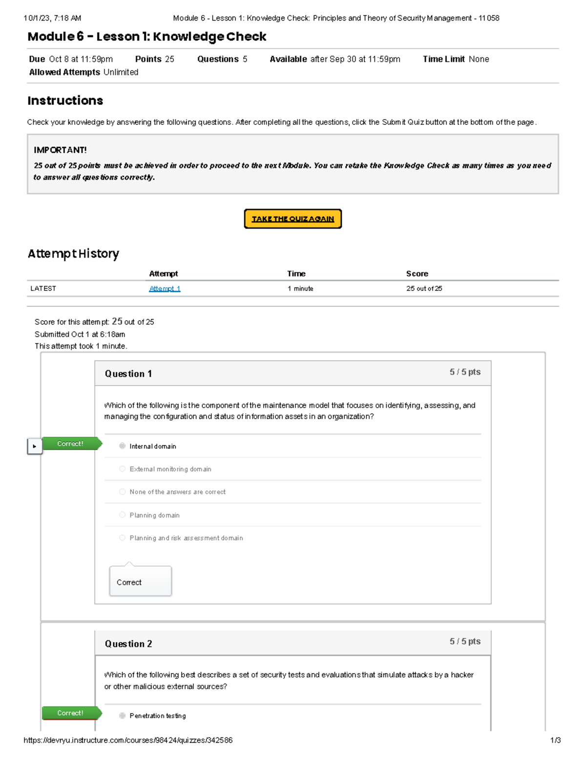 Module 6 - Lesson 1 Knowledge Check Principles and Theory of Security Management - 25 25 - 10/1 ...