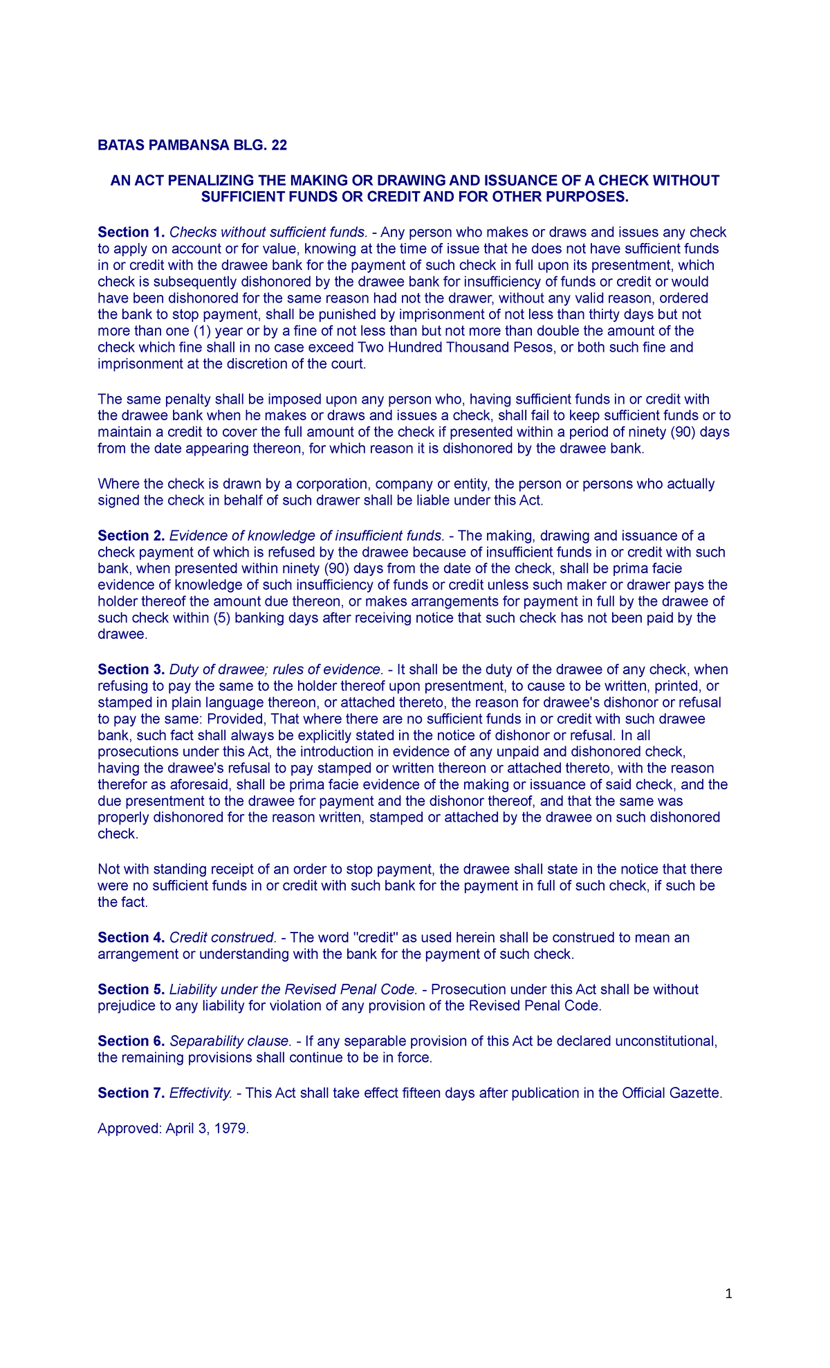 Batas Pambansa BLG 22 - BATAS PAMBANSA BLG. 22 AN ACT PENALIZING THE ...