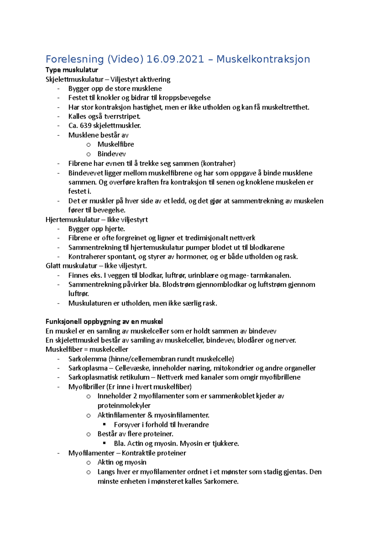 Muskelkontraksjon - BEV1011 - NTNU - Studocu