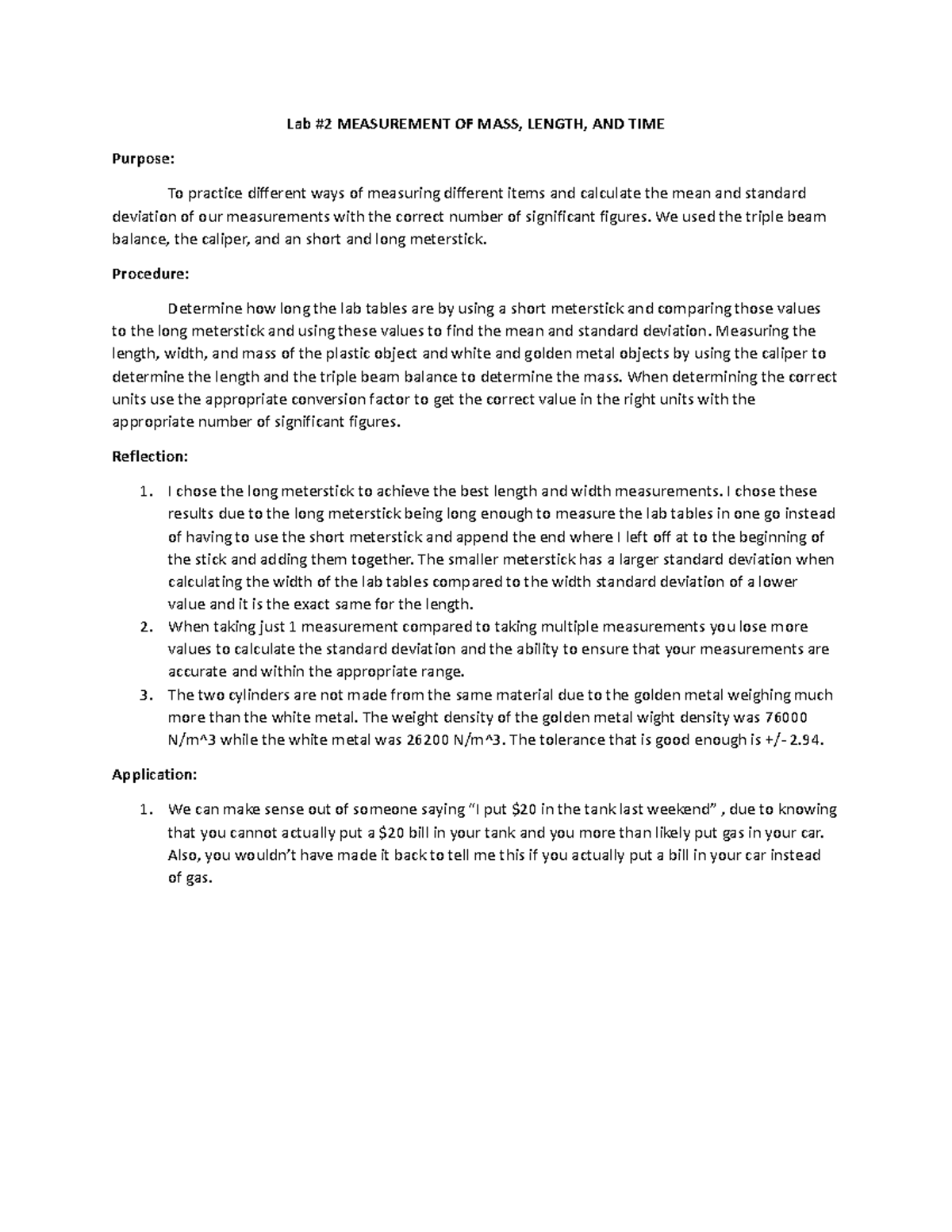 PHYS 2108 Lab Report 2 - Lab #2 MEASUREMENT OF MASS, LENGTH, AND TIME ...