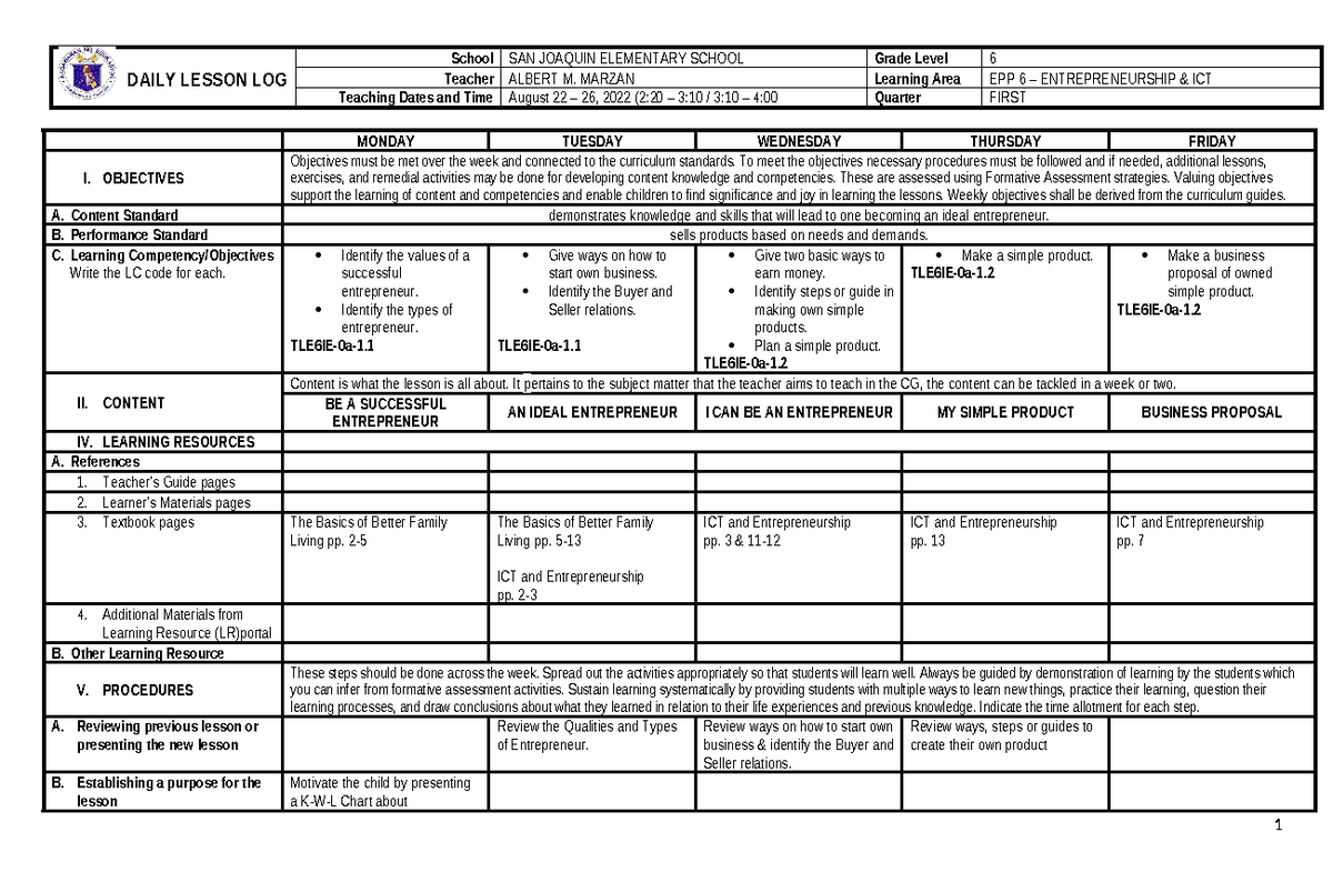 DLL EPP6-ICT Q1 W1 - Daily Lesson Log in EPP - DAILY LESSON LOG School ...