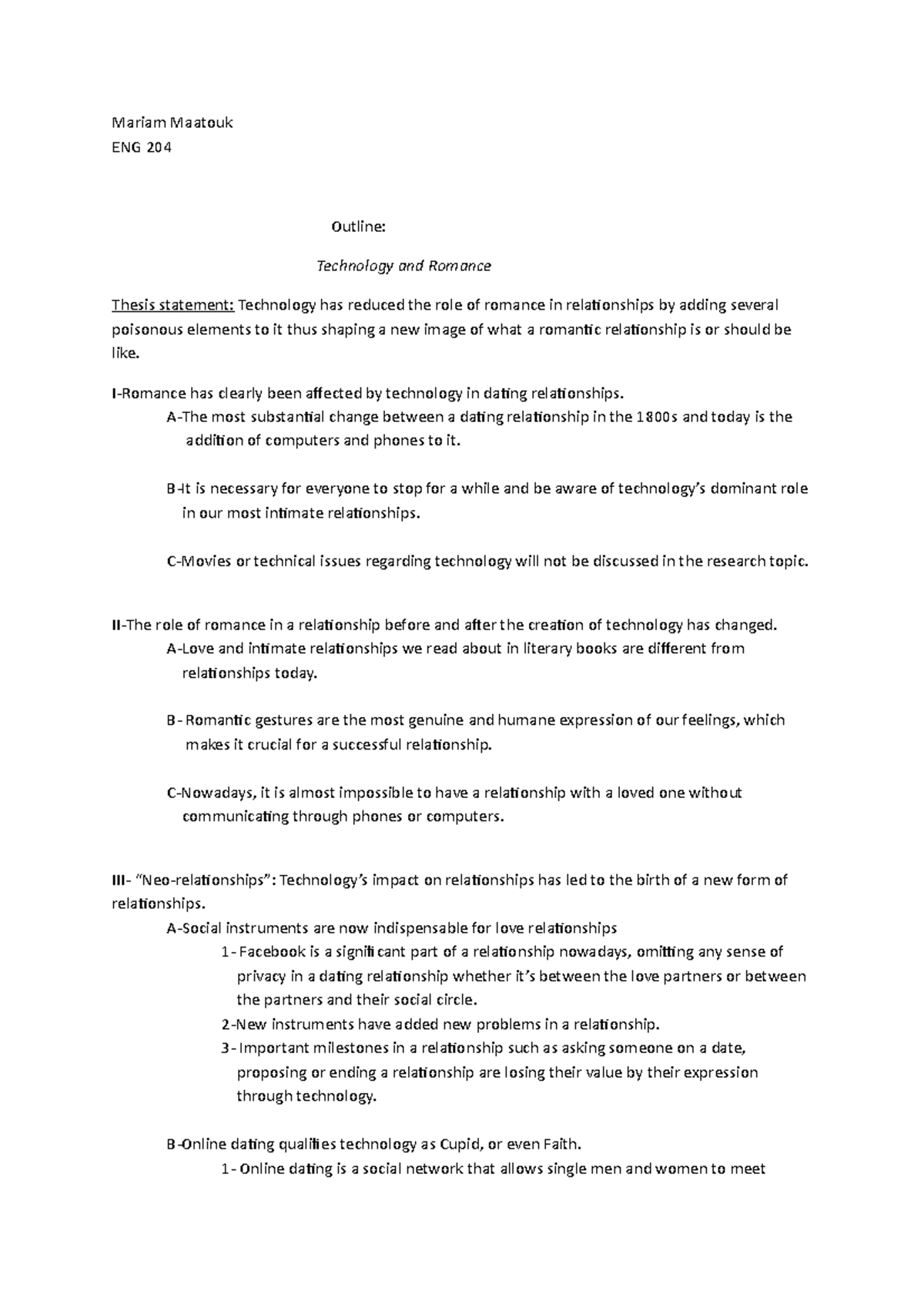 Sample Outline - Mariam Maatouk ENG 204 Outline: Technology and Romance ...