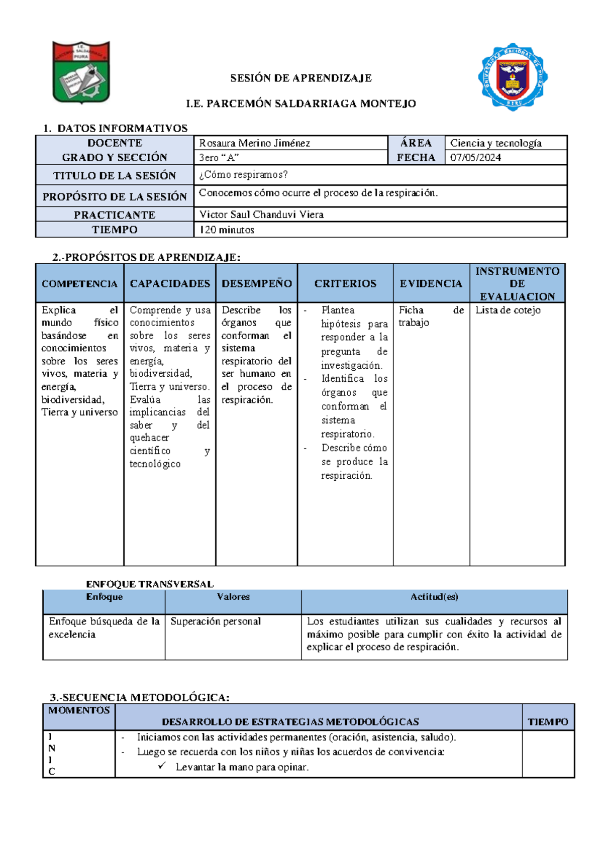 Sesion 03 sistema respiratorio - SESIÓN DE APRENDIZAJE I. PARCEMÓN ...