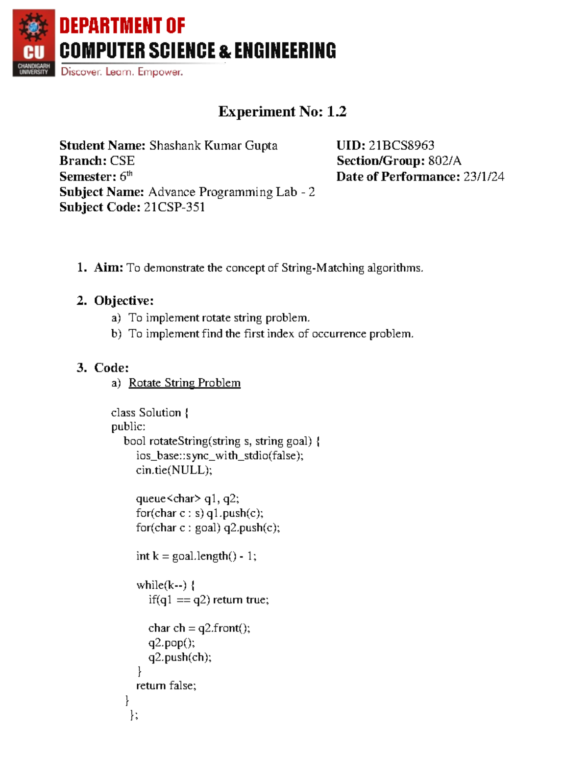 Exp2 - advance programming lab exps - DEPARTMENT OF COMPUTER SCIENCE & ENGINEERING Experiment ...
