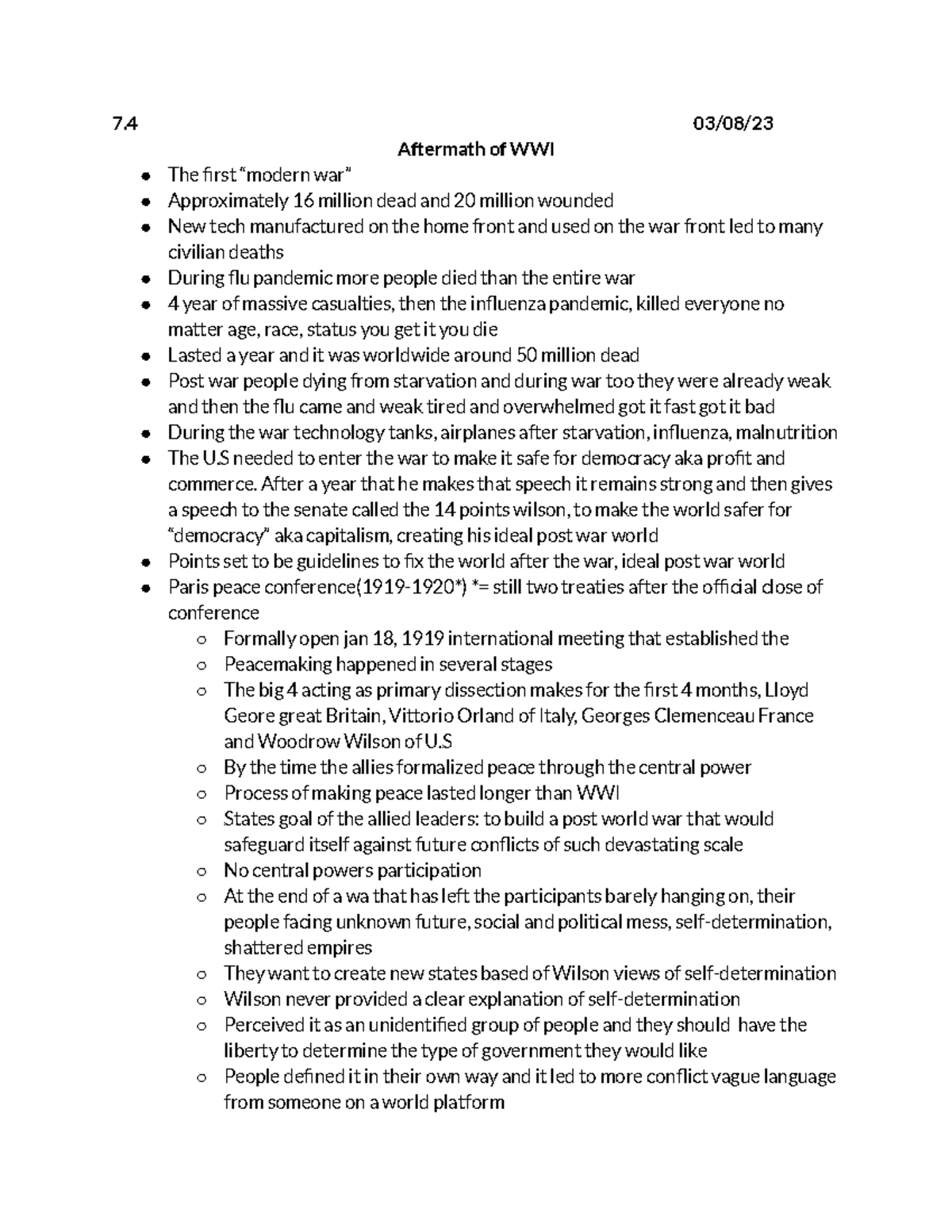 History Notes Unit 7 - WWI - 7 03/08/ Aftermath of WWI The first ...