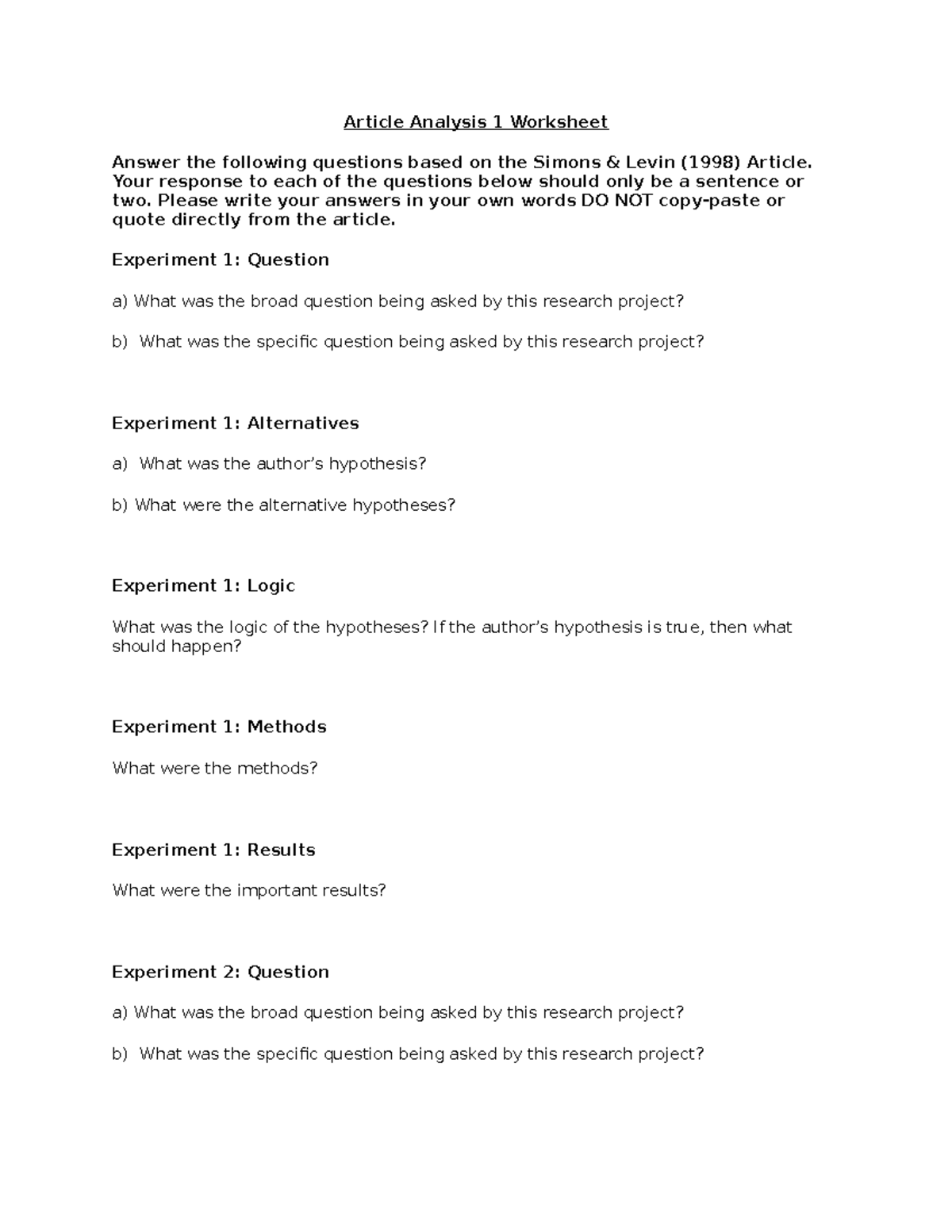 Article Analysis 1 Worksheet - Article Analysis 1 Worksheet Answer the following questions based ...