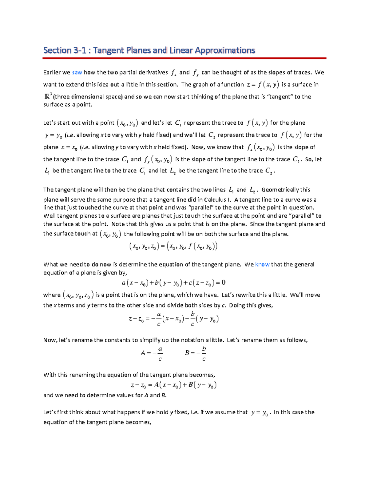 Calc Iii Tangent Planes Section 3 1 Tangent Planes And Linear Approximations Earlier We