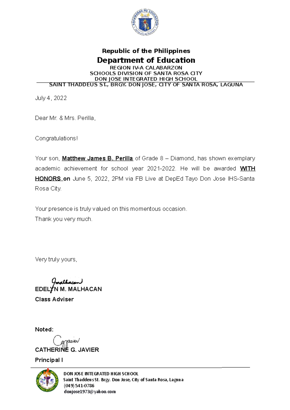 Letter to Parents Honors - July 4, 2022 Dear Mr. & Mrs. Perilla ...