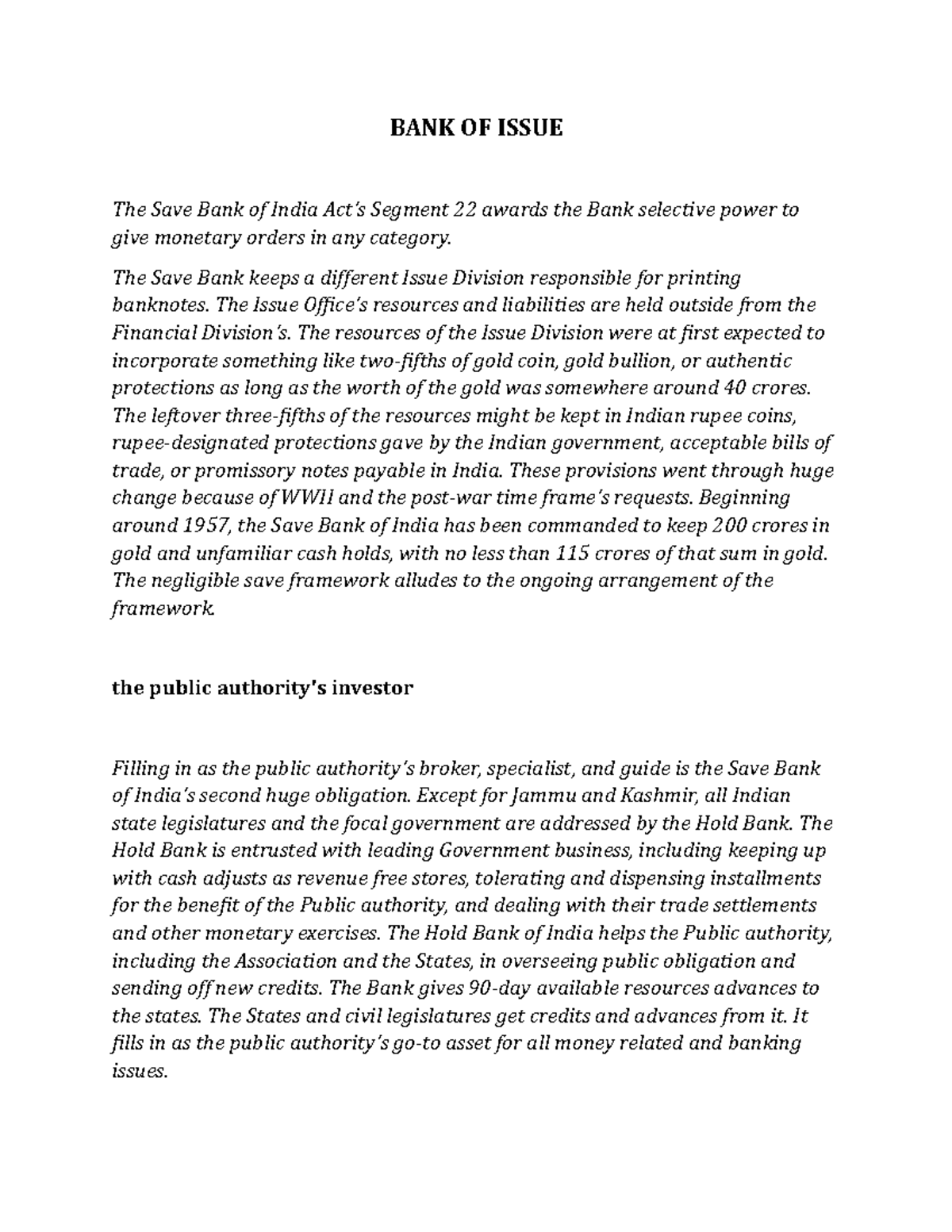 BANK OF Issue - BANK OF ISSUE The Save Bank of India Act's Segment 22 ...