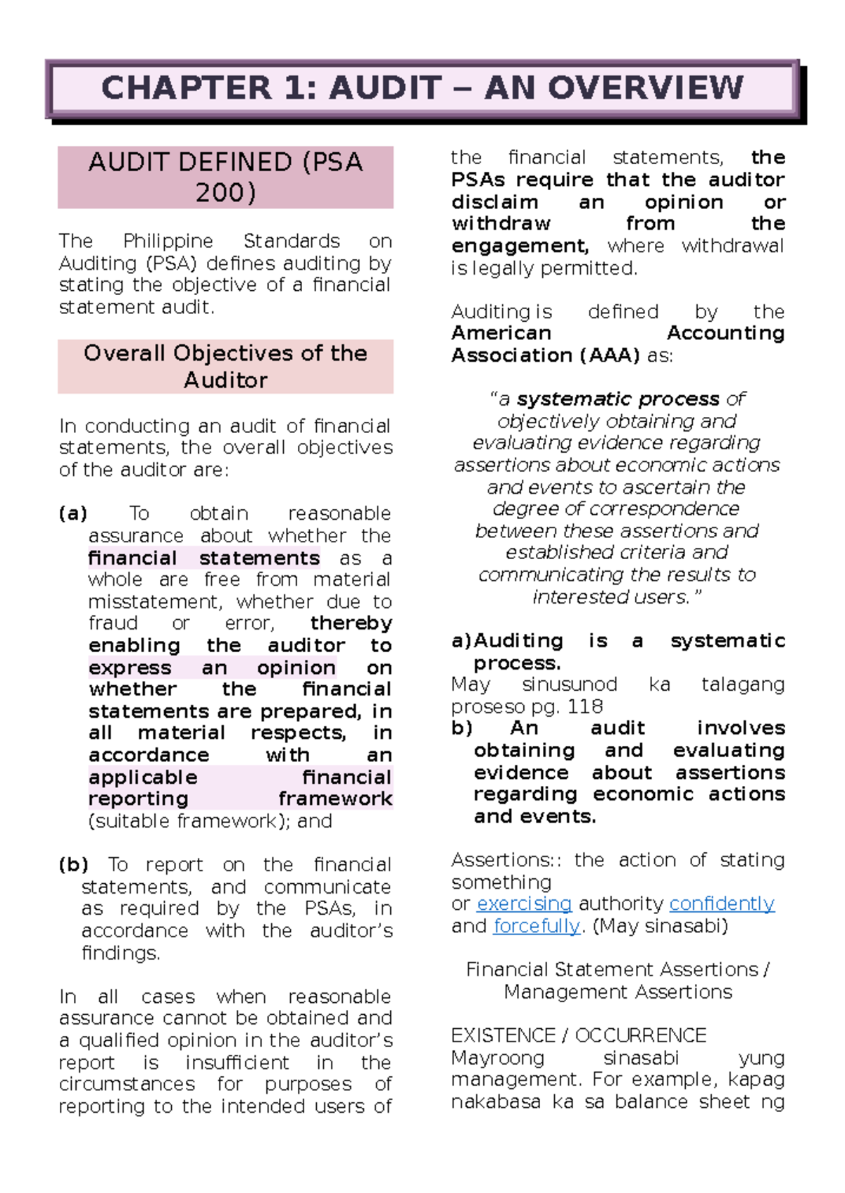Midterm - CHAPTER 1: AUDIT – AN OVERVIEW AUDIT DEFINED (PSA 200) The ...