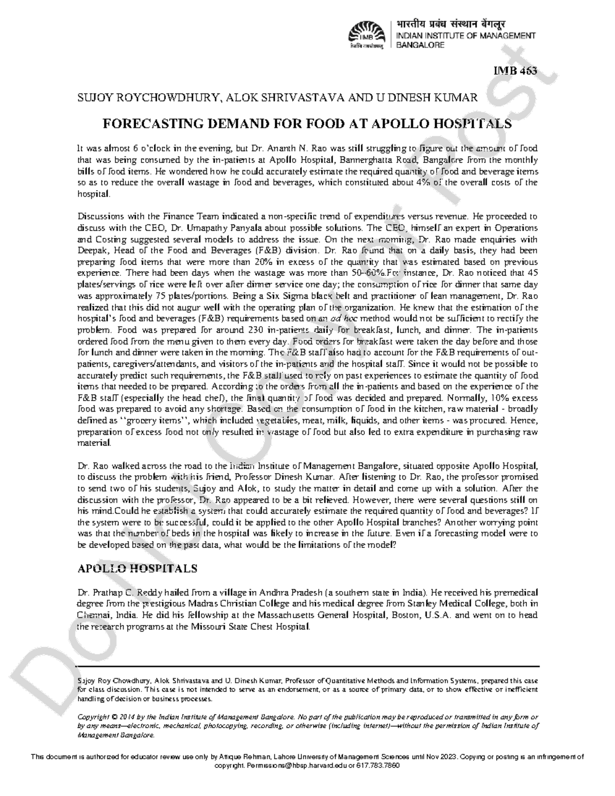 Forecasting case study - IMB 463 Sujoy Roy Chowdhury, Alok Shrivastava ...