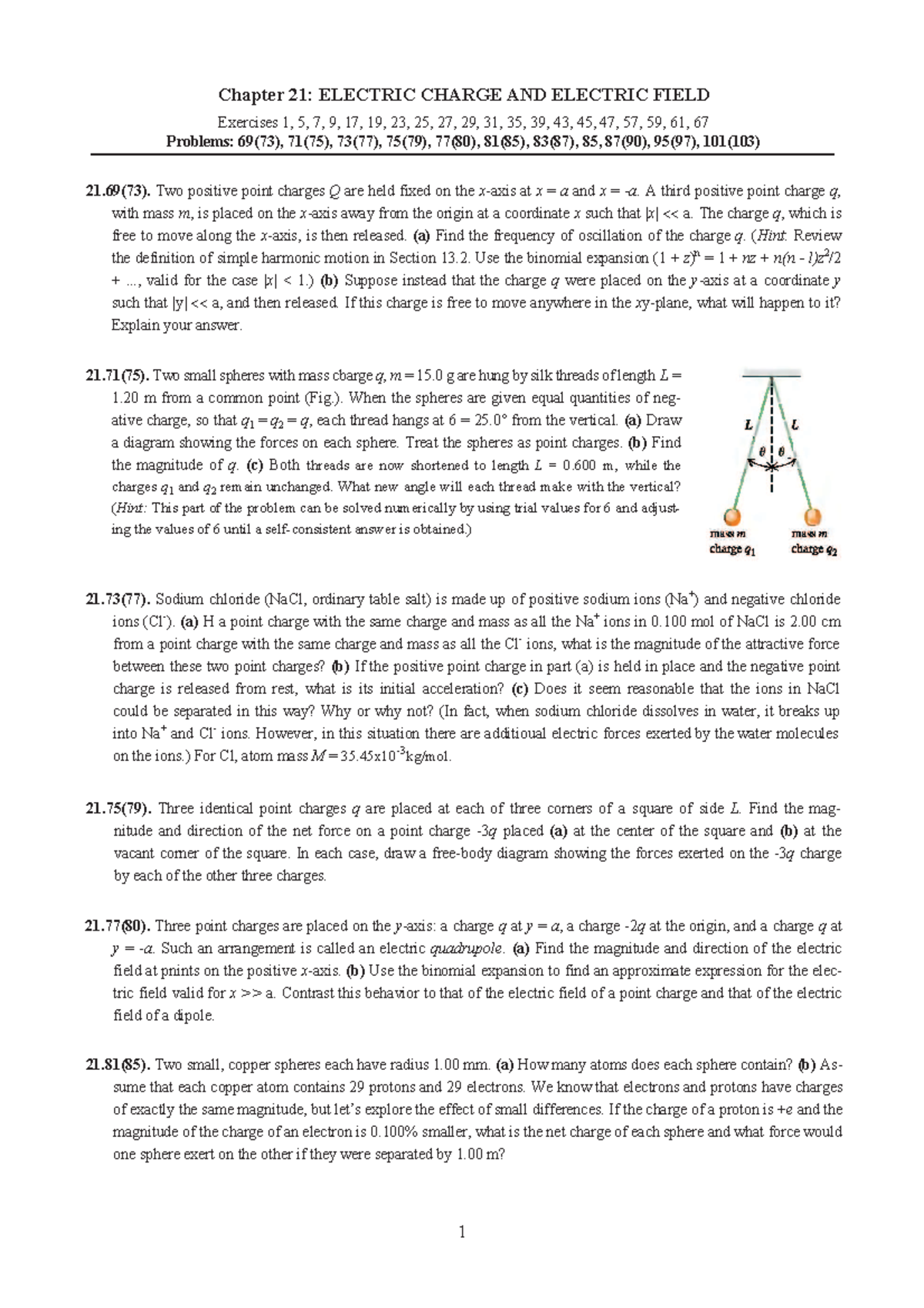 Assignments of Physics II - PH1026 - Chapter 21-Week 1 - Chapter 21 ...