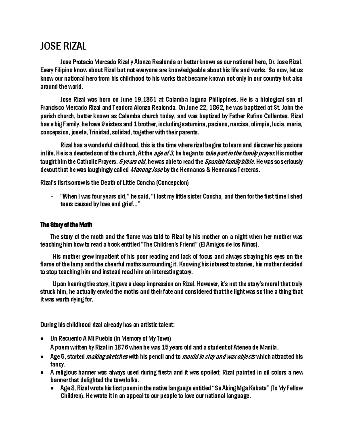 THE LIFE OF RIZAL - JOSE RIZAL Jose Protacio Mercado Rizal y Alonzo ...